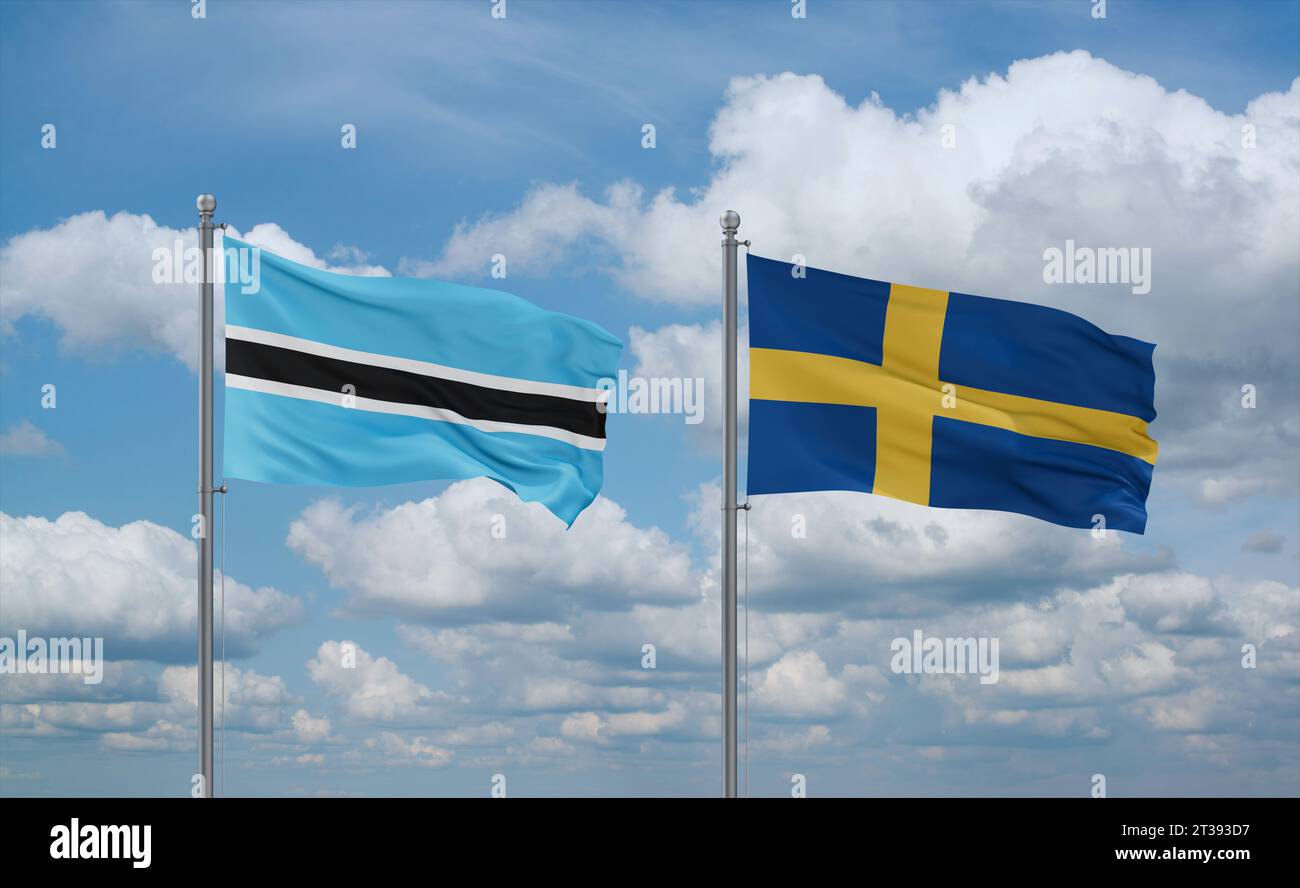 Sweden and Botswana flags waving together in the wind on blue cloudy sky, two country ...