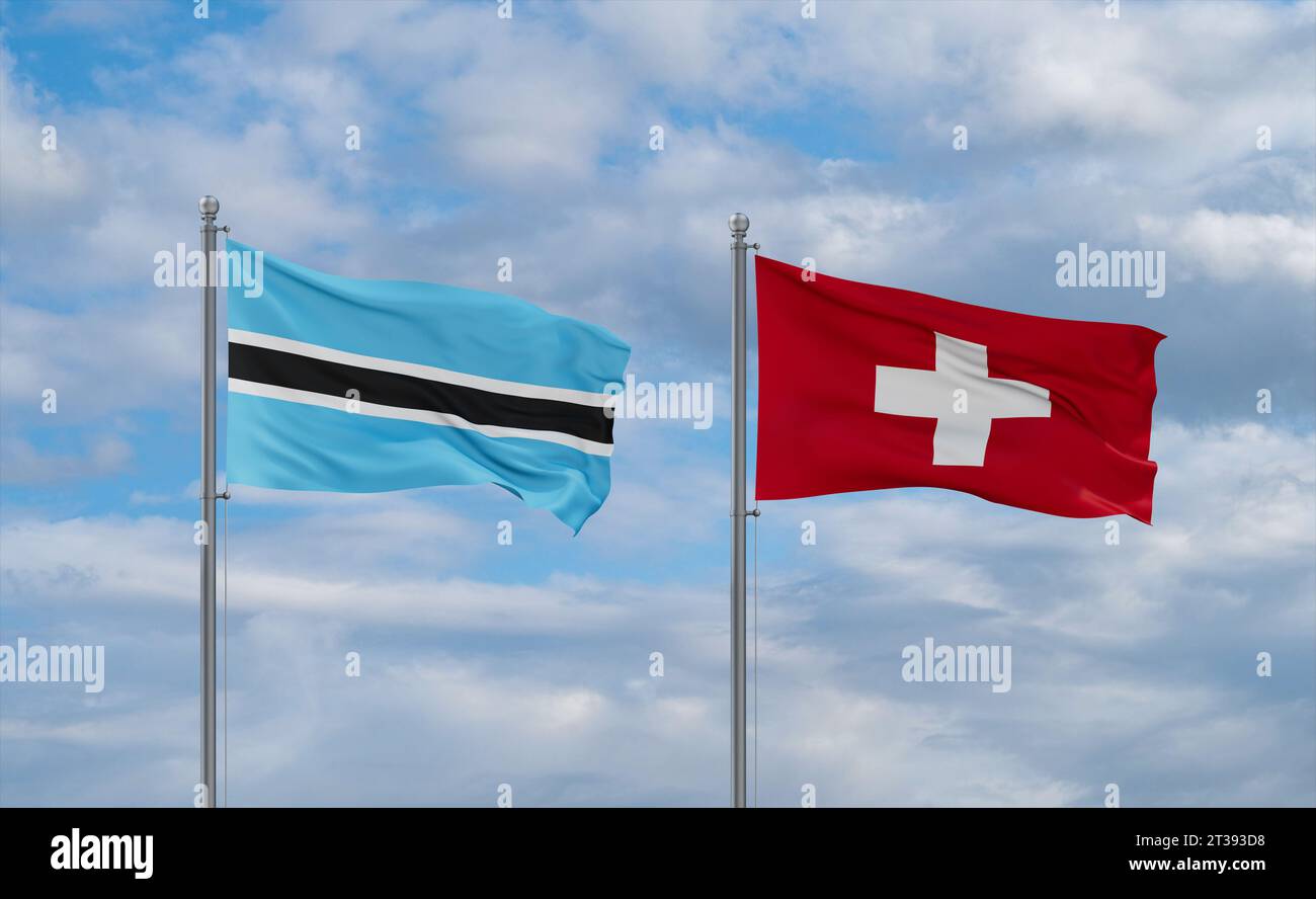 Switzerland and Botswana flags waving together in the wind on blue cloudy sky, two country ...