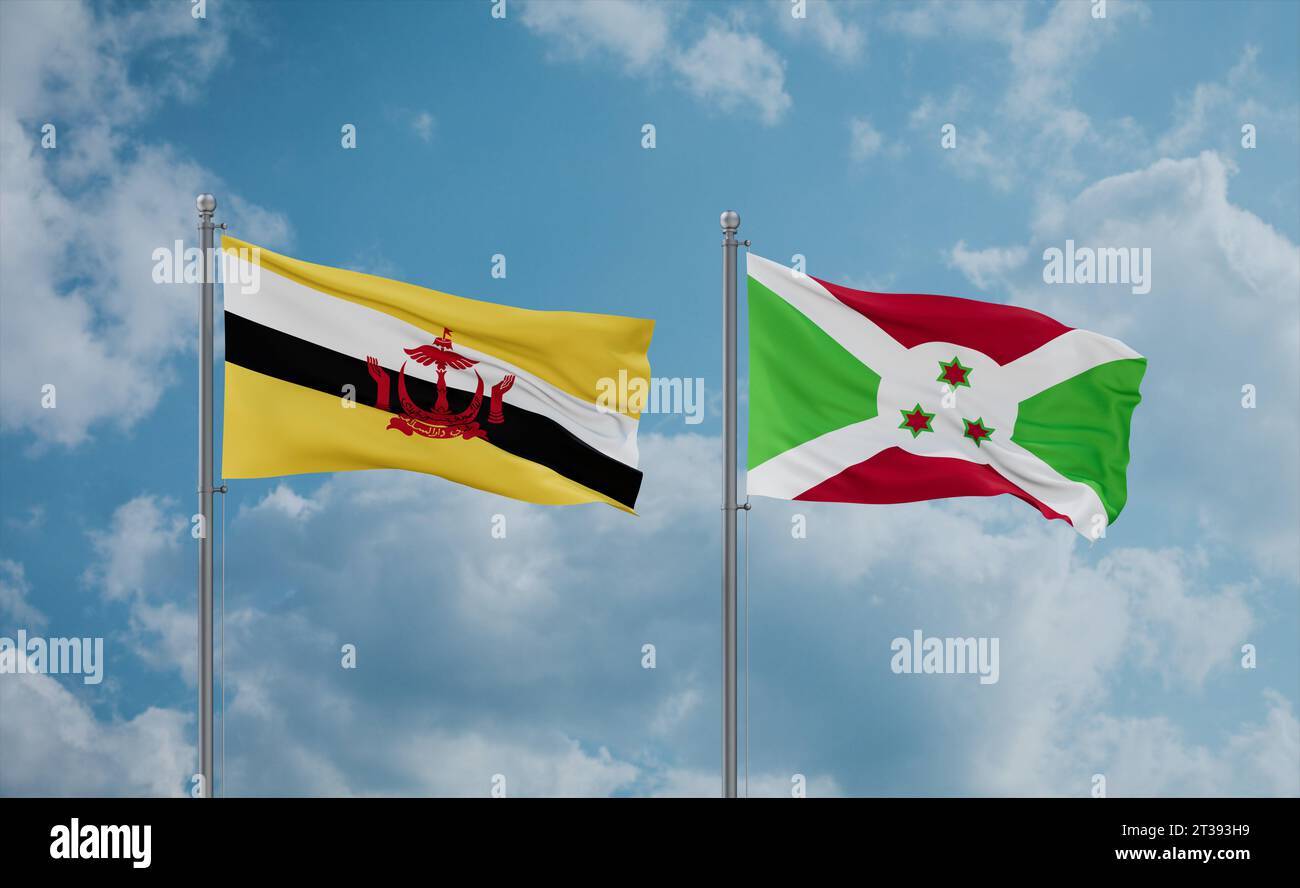 Burundi and Brunei flags waving together on blue cloudy sky, two ...
