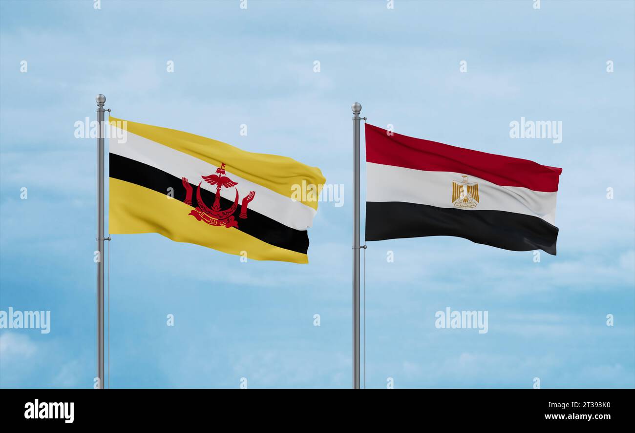 Egypt and Brunei flags waving together on blue cloudy sky, two country ...