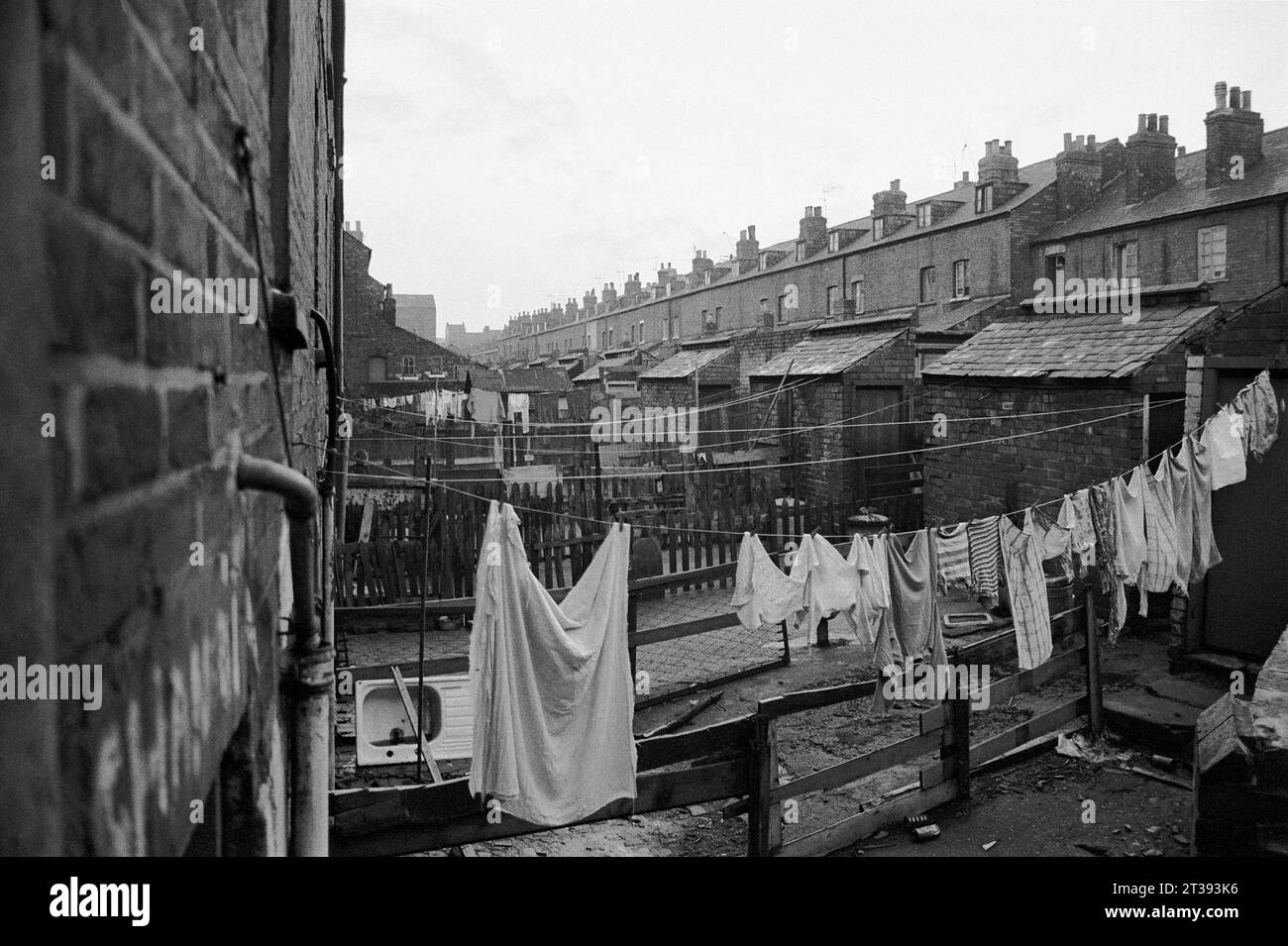 Lines of washing hanging in the back yards of a street of Victorian ...