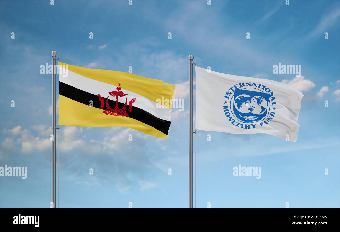 IMF International Monetary Fund and Brunei flags waving together on ...
