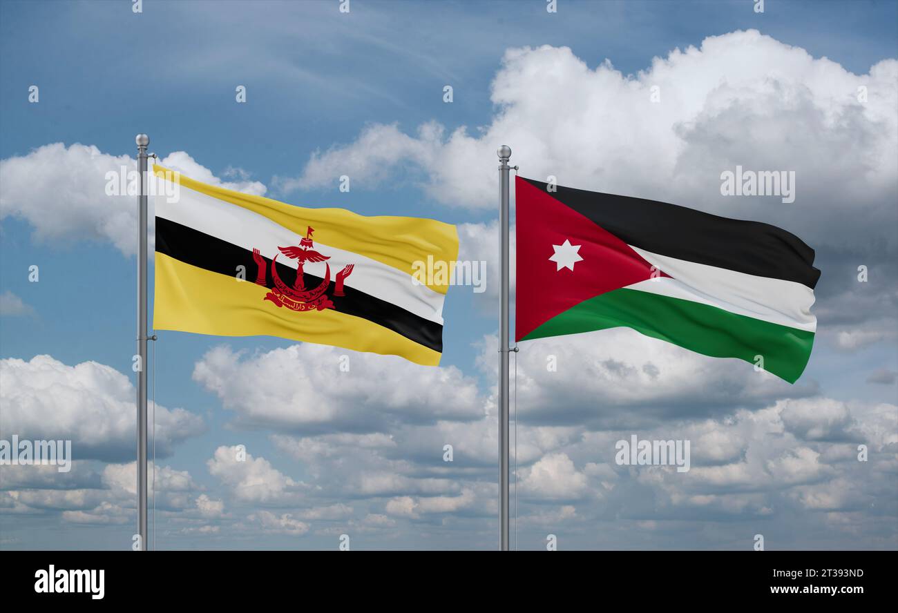 Jordan and Brunei flags waving together in the wind on blue cloudy sky ...