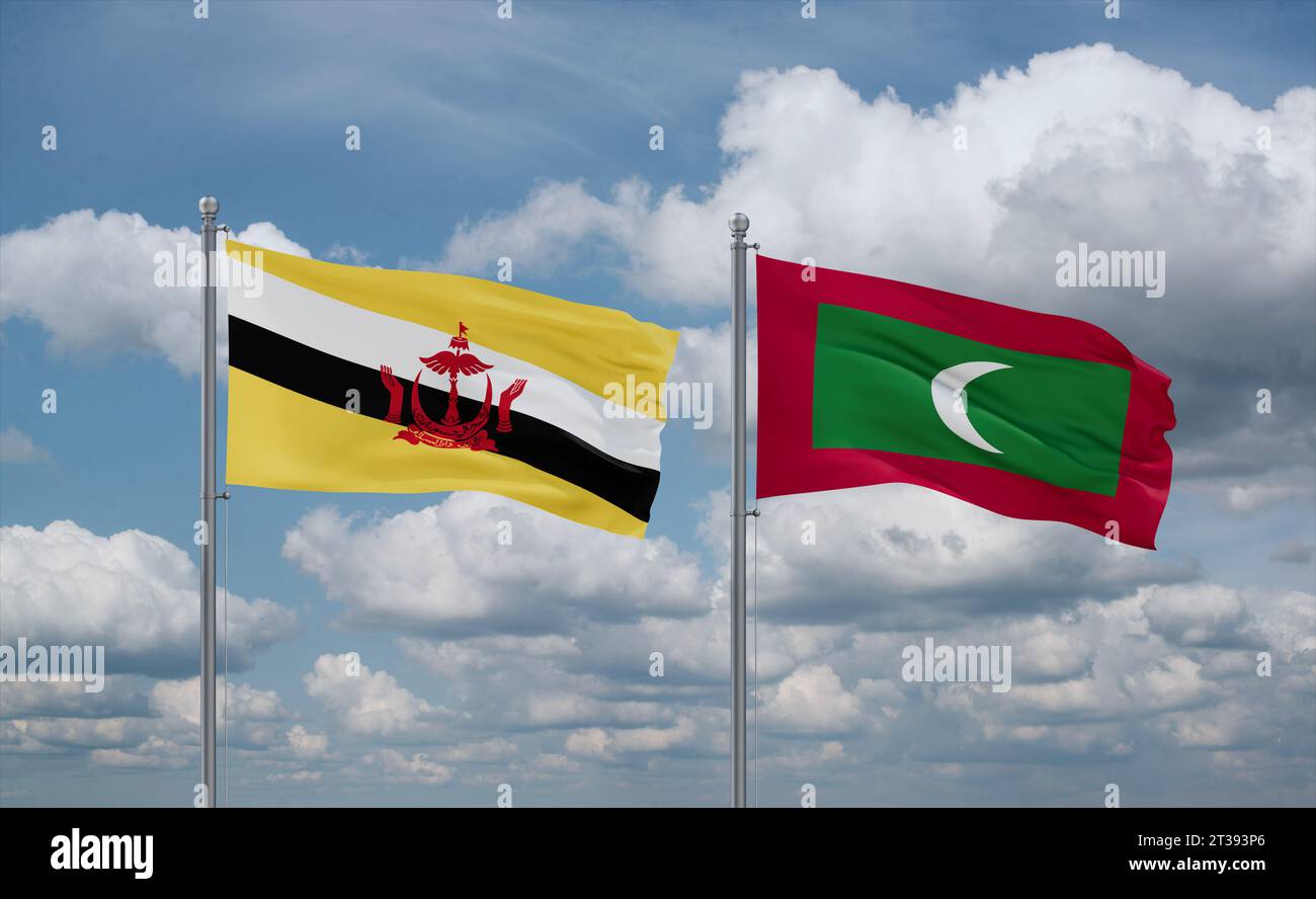 Maldives and Brunei flags waving together on blue cloudy sky, two country relationship concept ...
