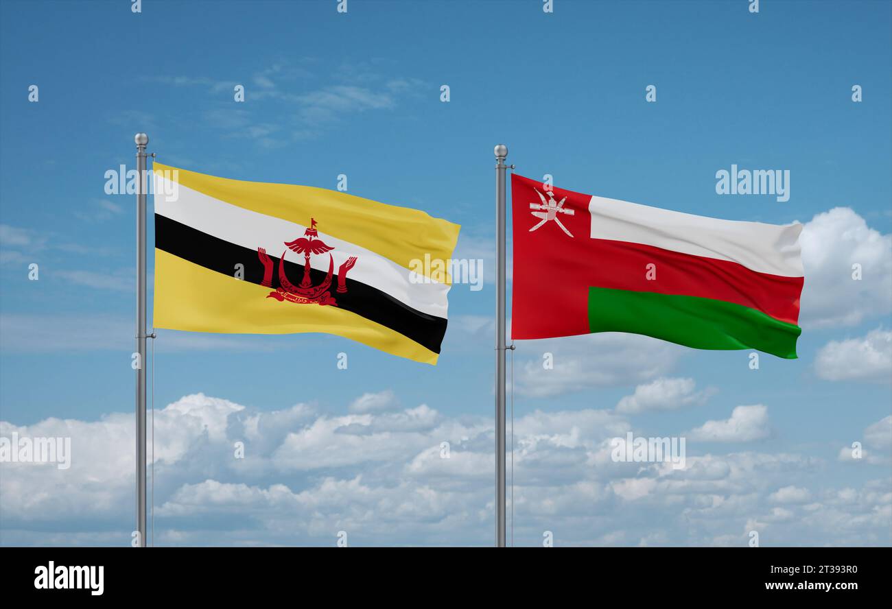 Oman and Brunei flags waving together in the wind on blue cloudy sky ...
