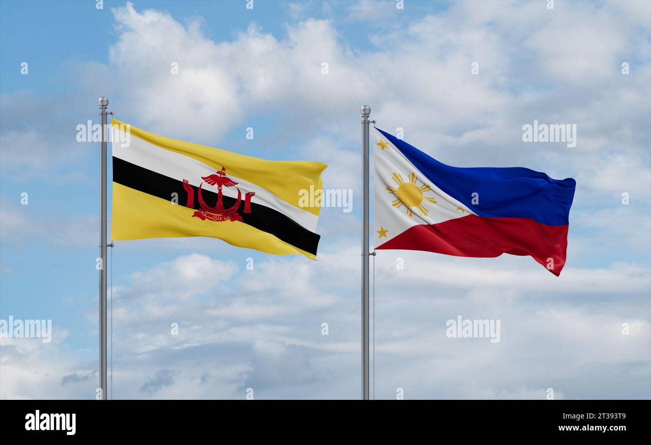 Philippines and Brunei flags waving together in the wind on blue cloudy ...