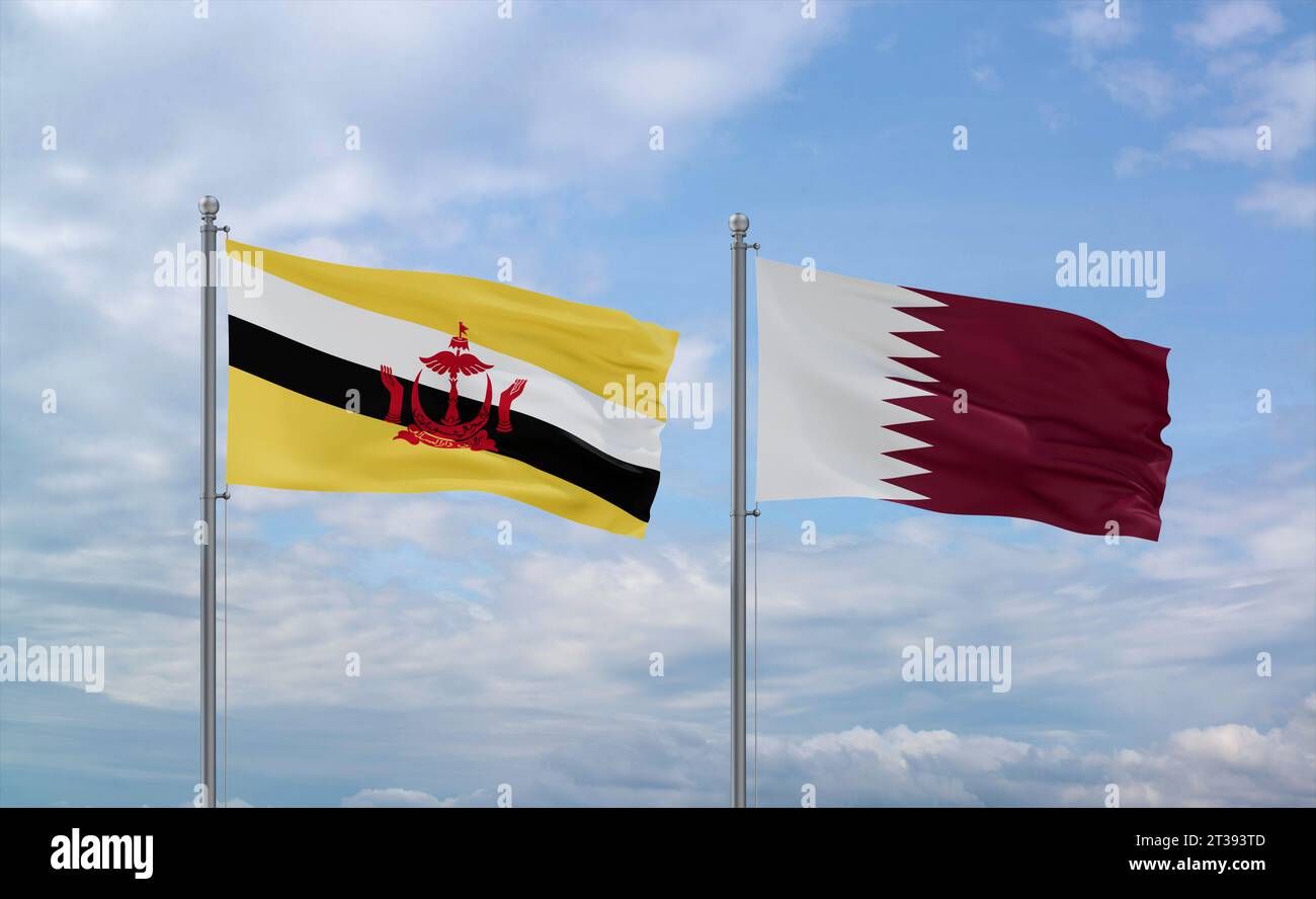 Qatar and Brunei flags waving together in the wind on blue cloudy sky ...