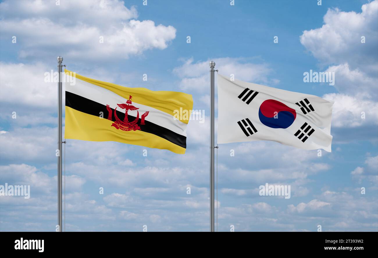 South Korea or Republic of Korea or ROK and Brunei flags waving ...