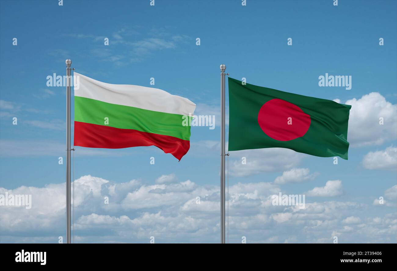 Bangladesh and Bulgaria flags waving together on blue cloudy sky, two ...