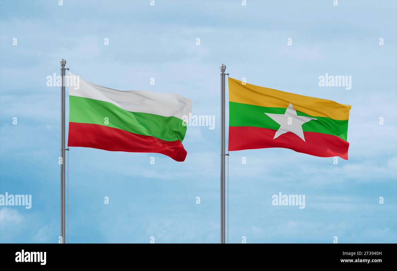 Myanmar aka Burma and Bulgaria flags waving together on blue cloudy sky ...