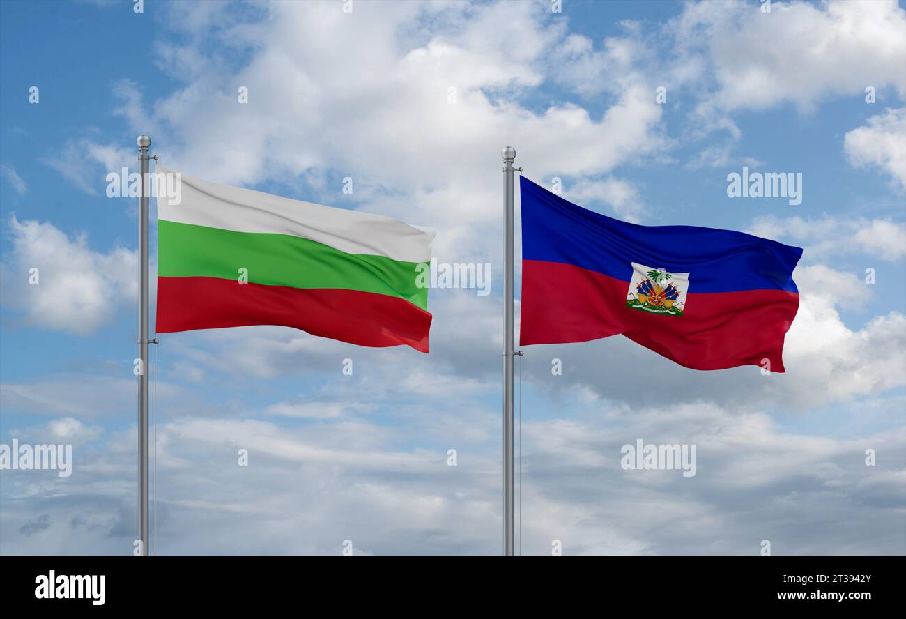 Haiti and Bulgaria flags waving together on blue cloudy sky, two country relationship concept ...