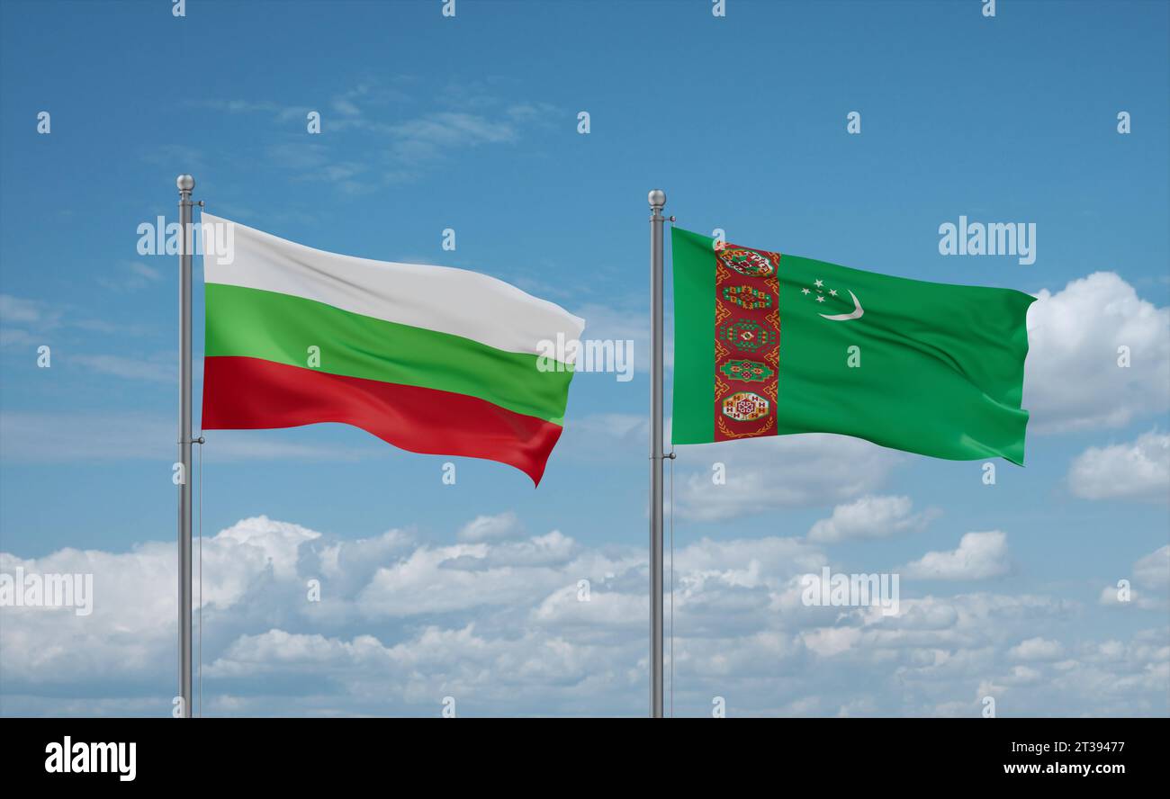 Turkmenistan and Bulgaria flags waving together in the wind on blue ...