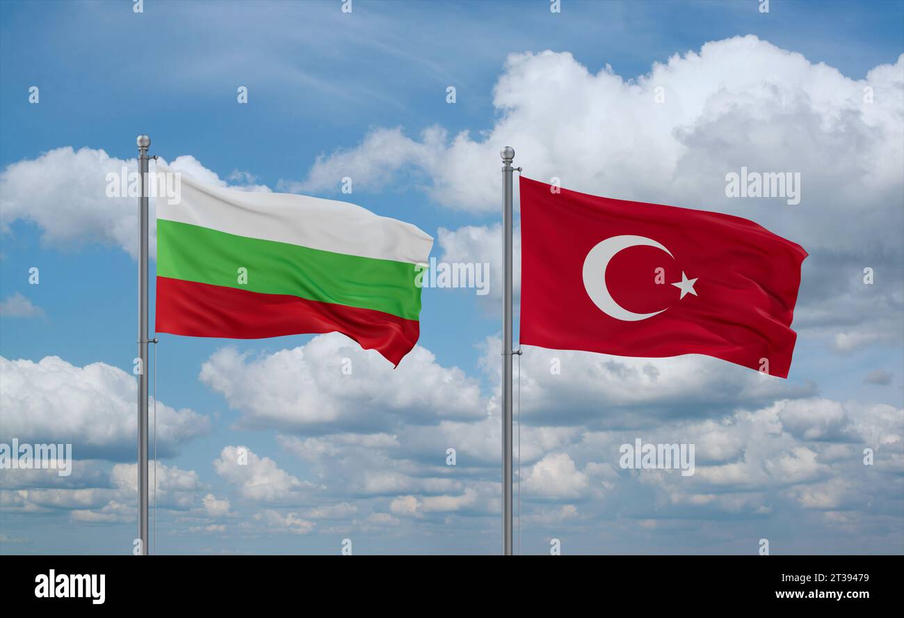 Republic of Turkey and Bulgaria flags waving together in the wind on ...