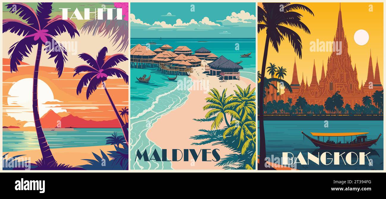 Set of Travel Destination Posters in retro style Stock Vector Image ...