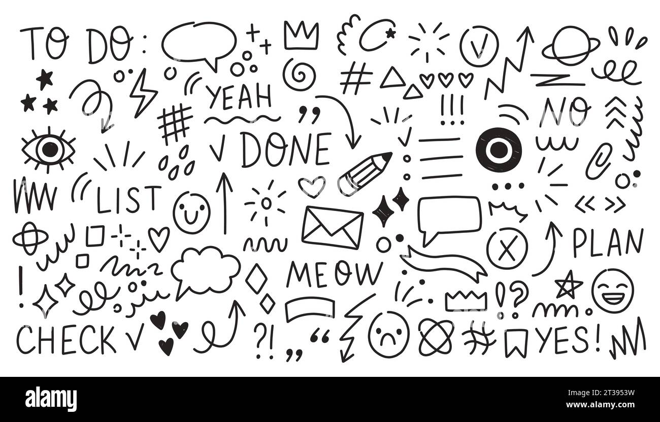 Doodle cute pen line elements set. Doodle heart, arrow, star, sparkle ...