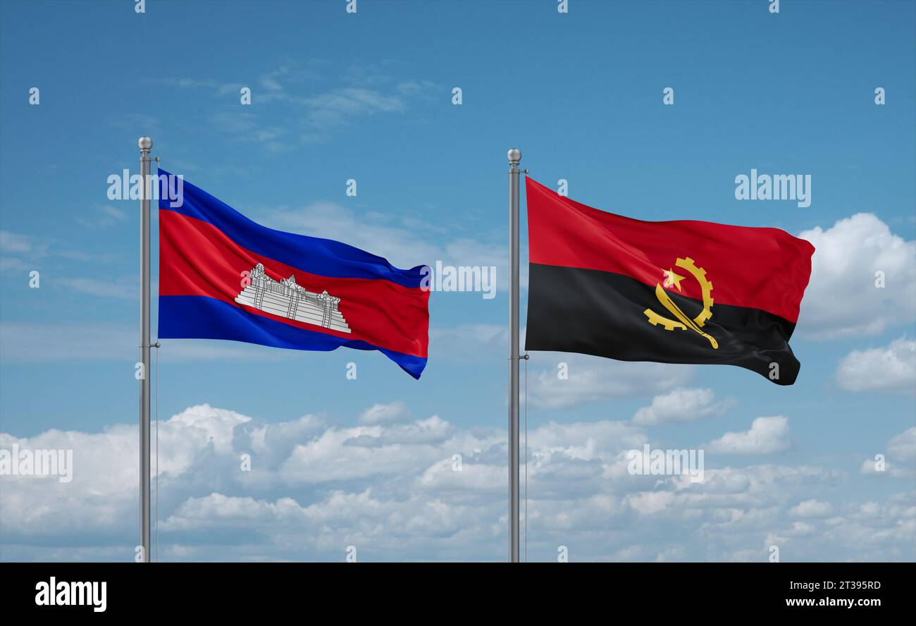 Cambodia and Angola flags waving together in the wind on blue cloudy sky Stock Photo - Alamy