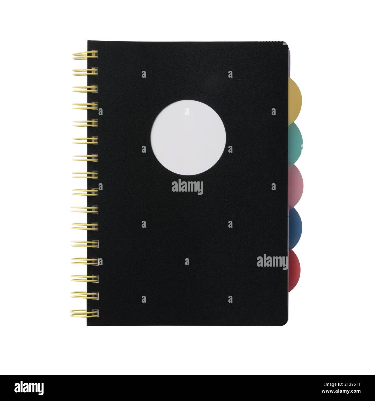 Closed paper notebook with black cover, spiral binding, and colorful ...