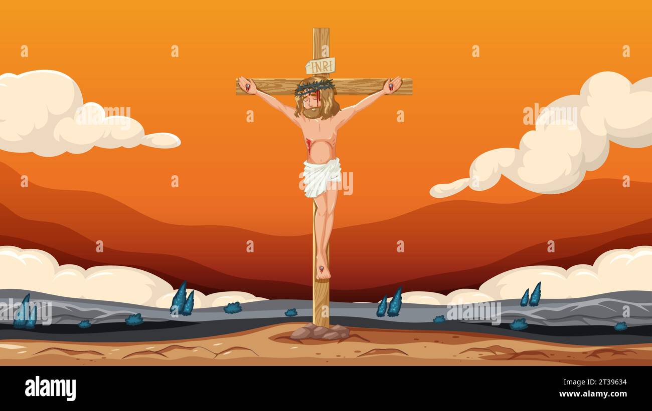 Illustration of Jesus' crucifixion on a wooden cross in a cartoon-like vector art Stock Vector ...