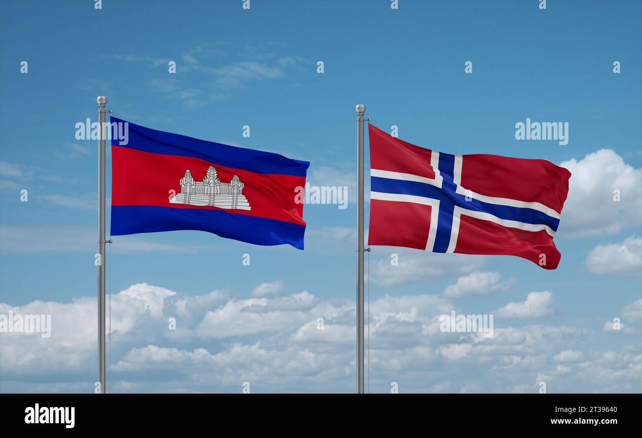 Norway and Cambodia flags waving together on blue cloudy sky, two country relationship concept ...