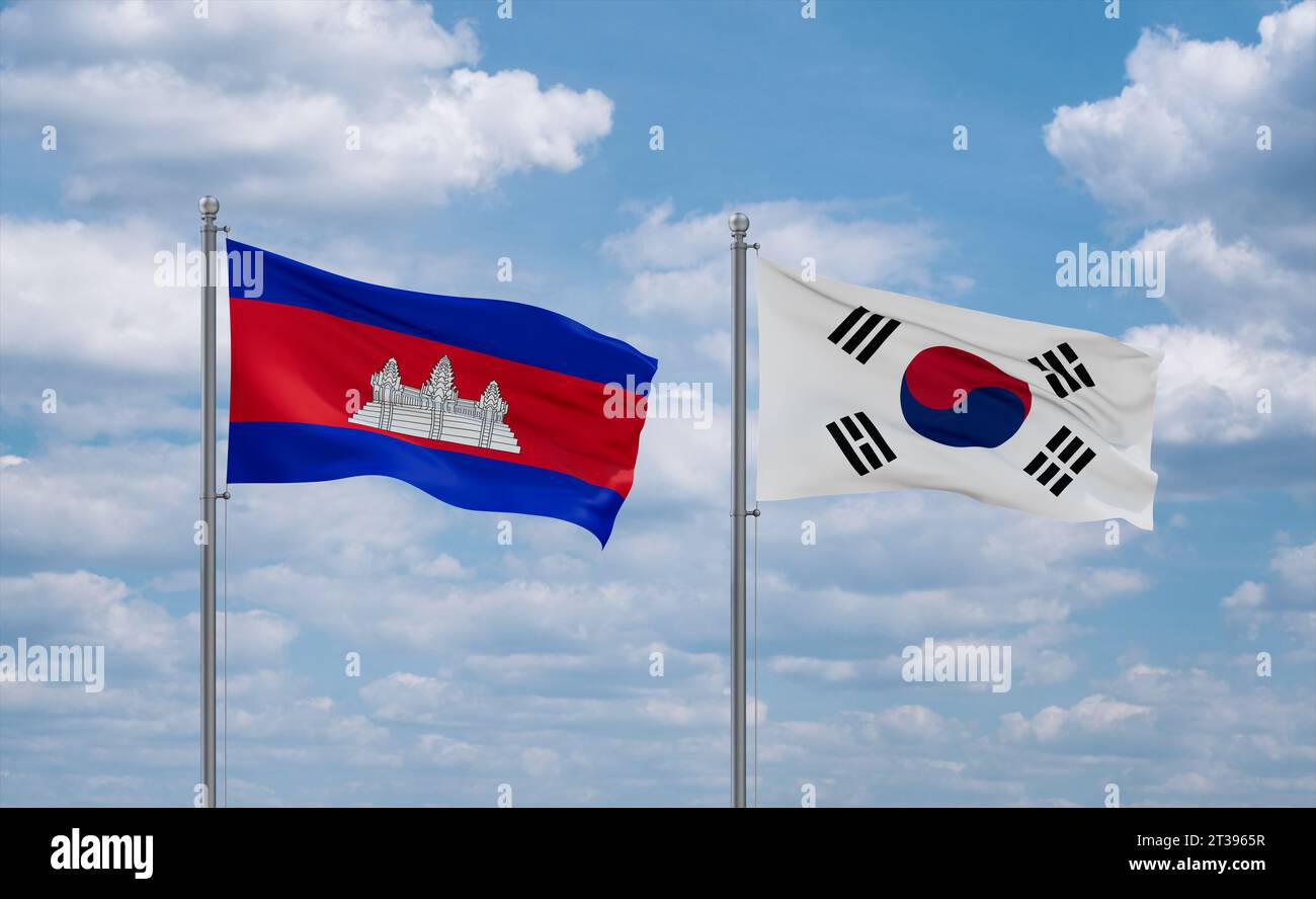 South Korea or Republic of Korea or ROK and Cambodia flags waving ...
