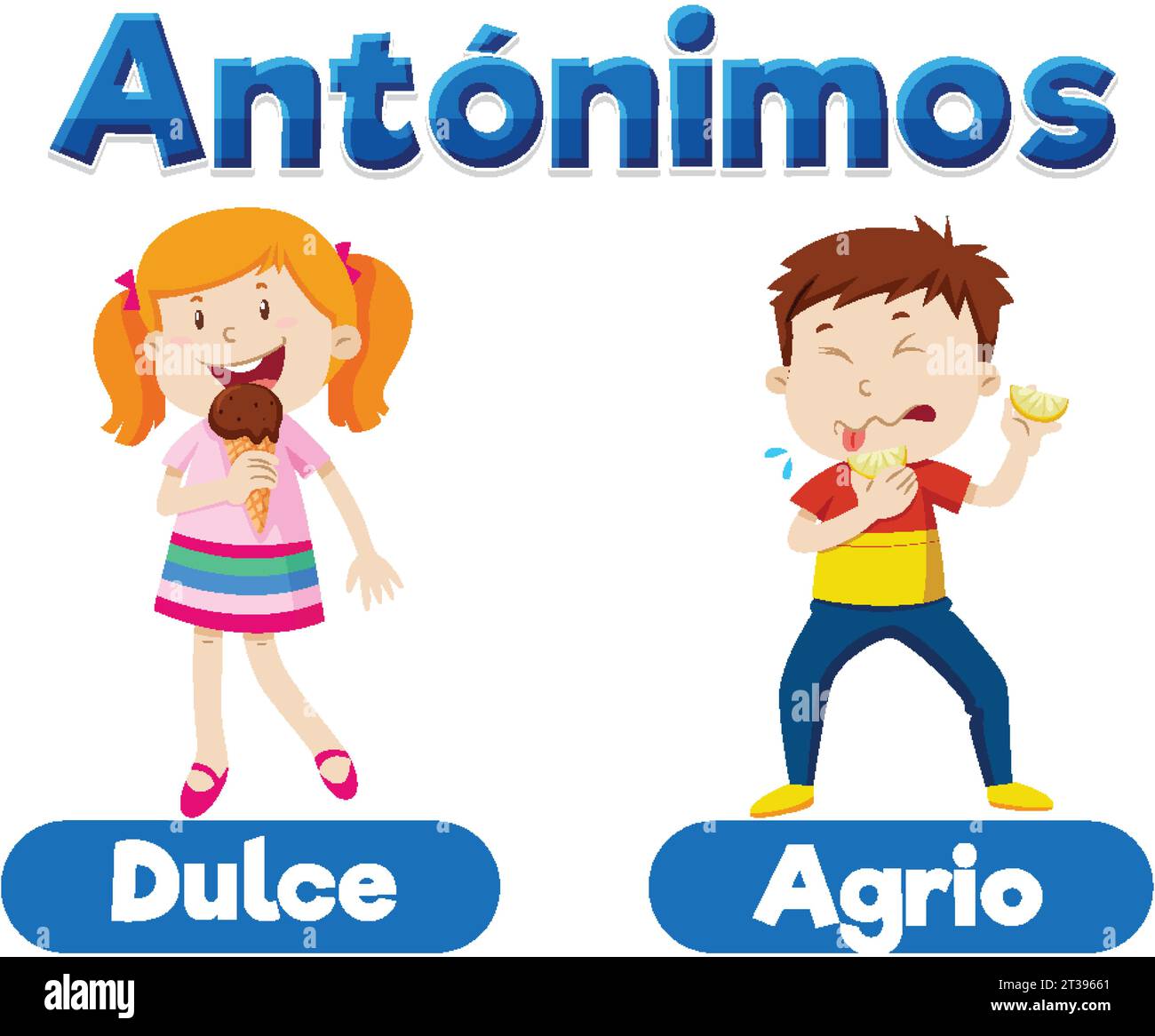 Colorful vector illustration of Spanish antonym word card means sweet ...