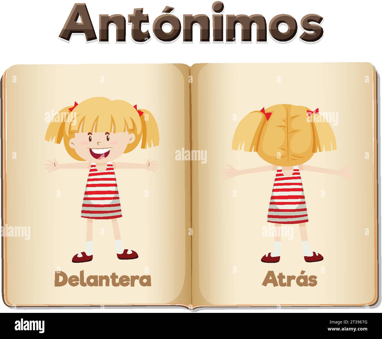 Illustrated word card featuring antonyms in Spanish language means ...