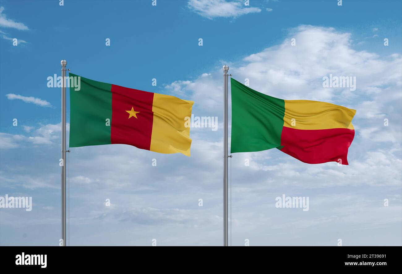 Benin and Cameroon flags waving together on blue cloudy sky, two country relationship concept ...