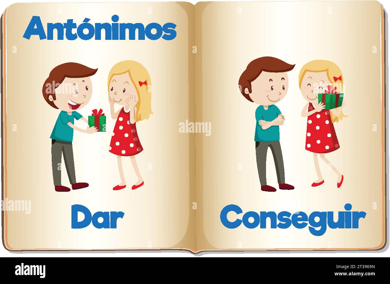 Illustrated word cards showing antonyms for education in Spanish Stock ...
