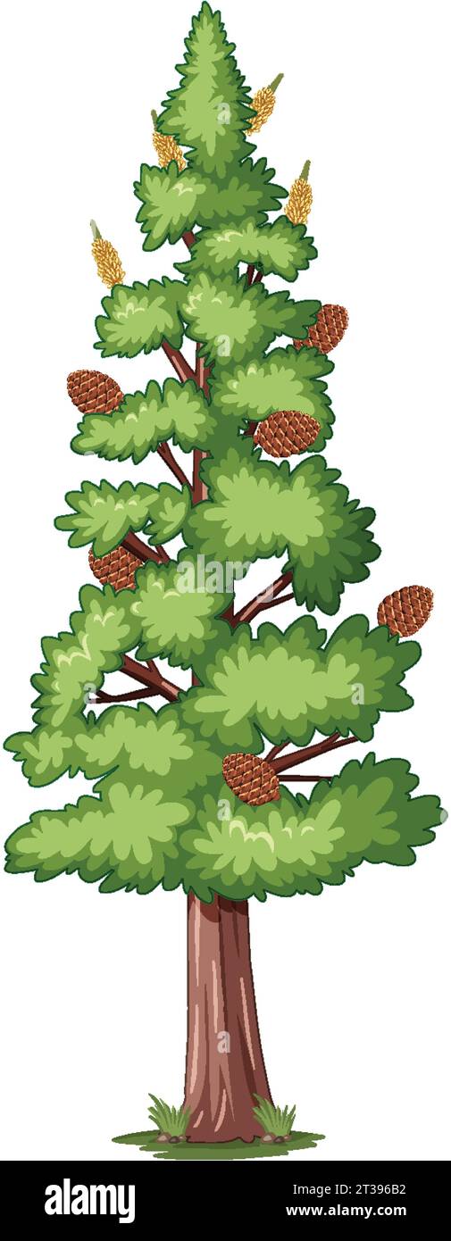 A whimsical cartoon illustration featuring conifer plants and ...