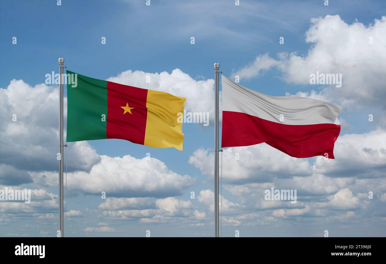 Poland and Cameroon flags waving together in the wind on blue cloudy ...