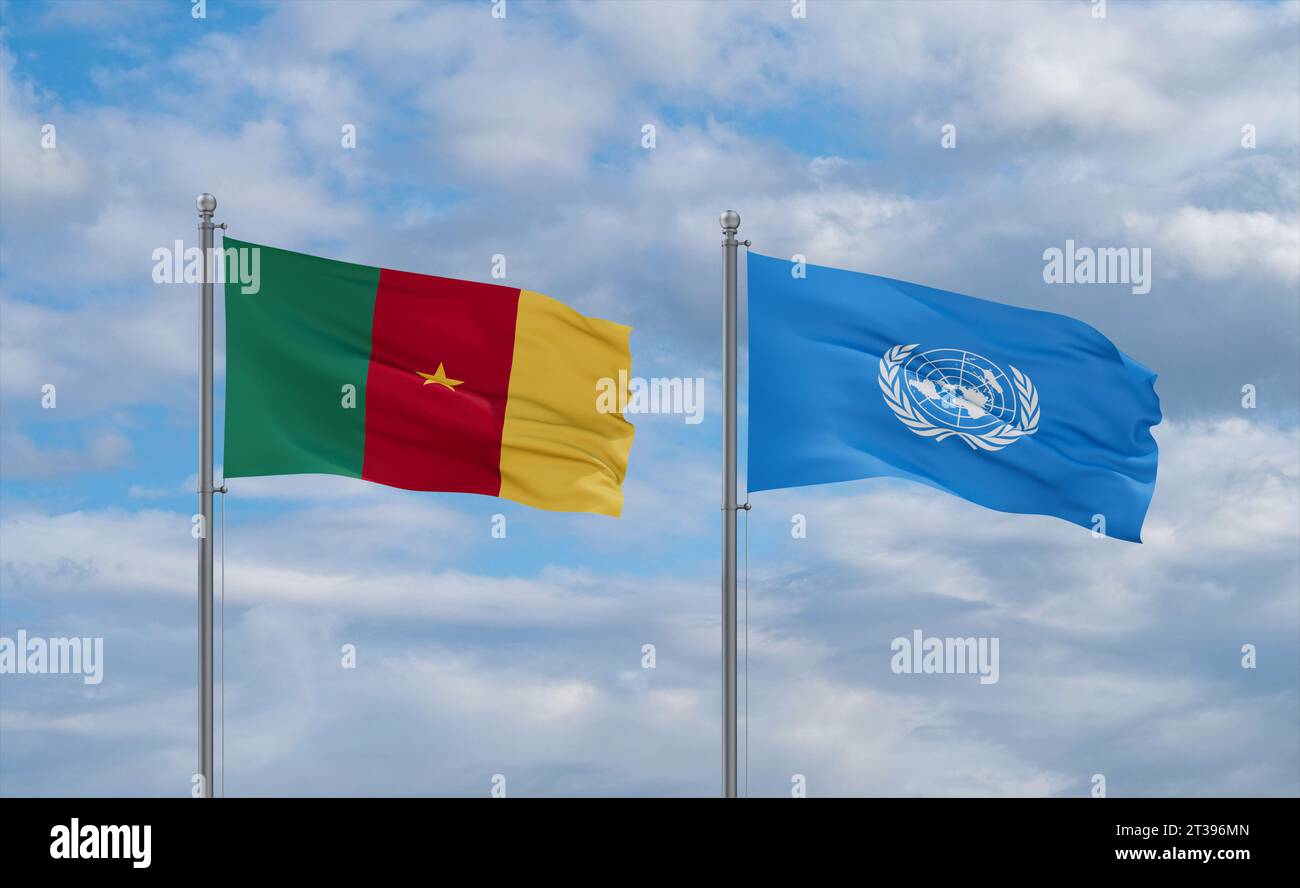 United Nations and Cameroon flags waving together in the wind on blue ...