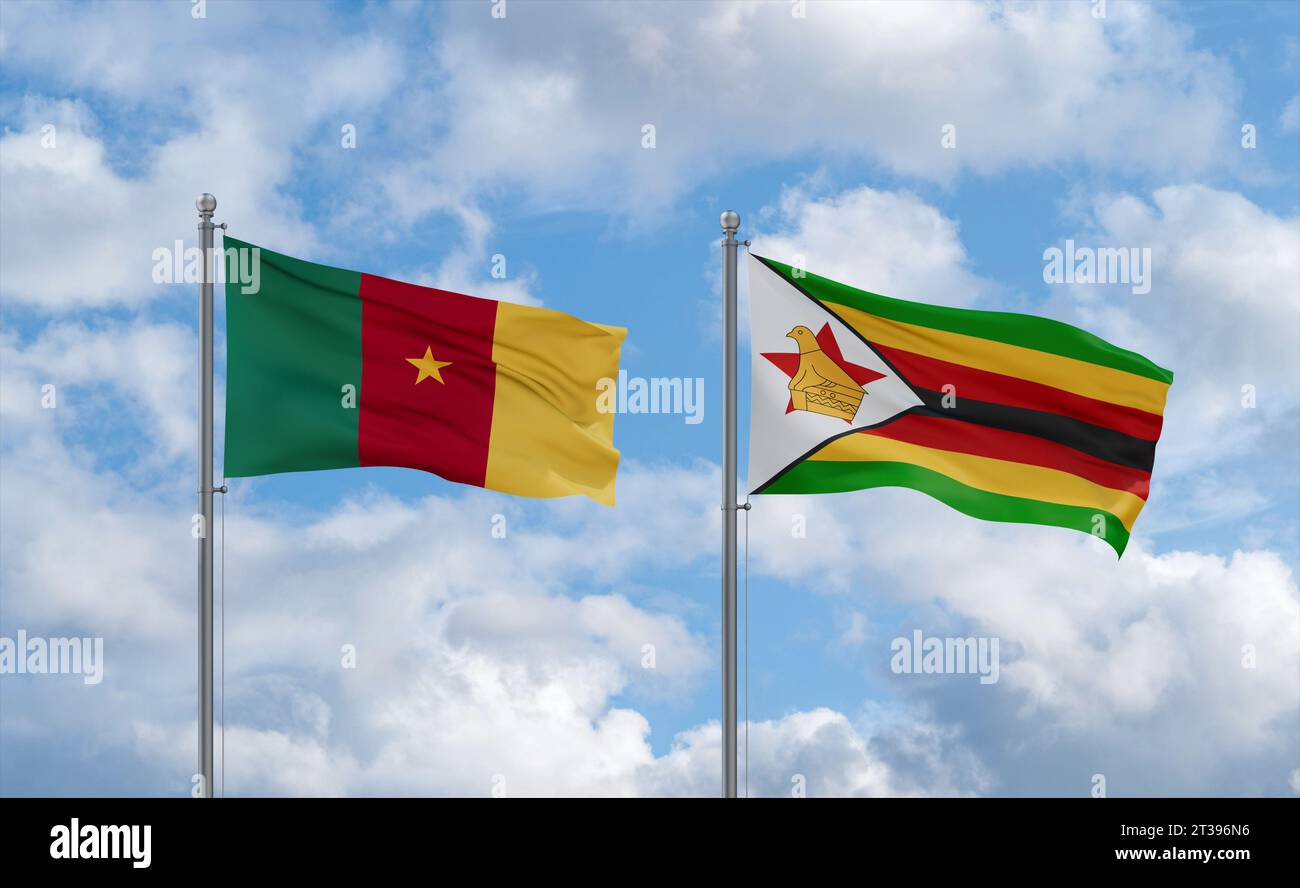 Zimbabwe and Cameroon flags waving together in the wind on blue cloudy ...
