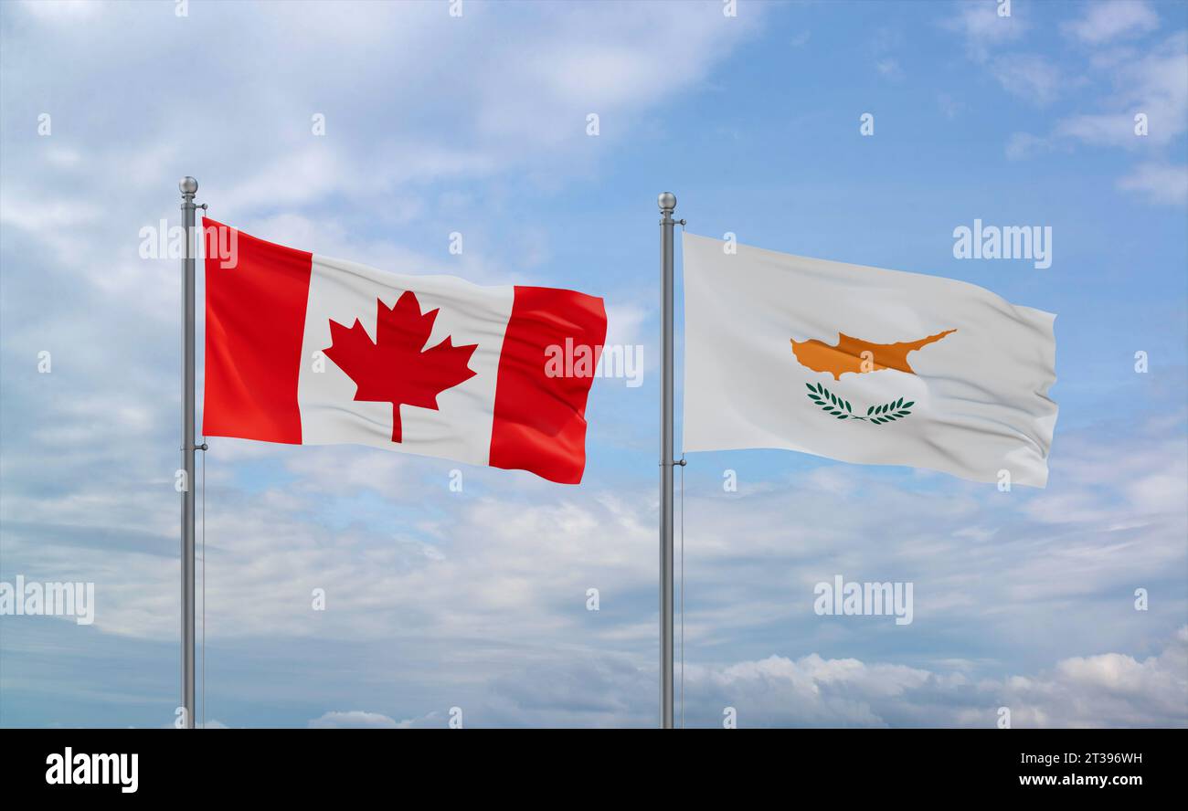 Cyprus and Canada flags waving together on blue cloudy sky, two country ...