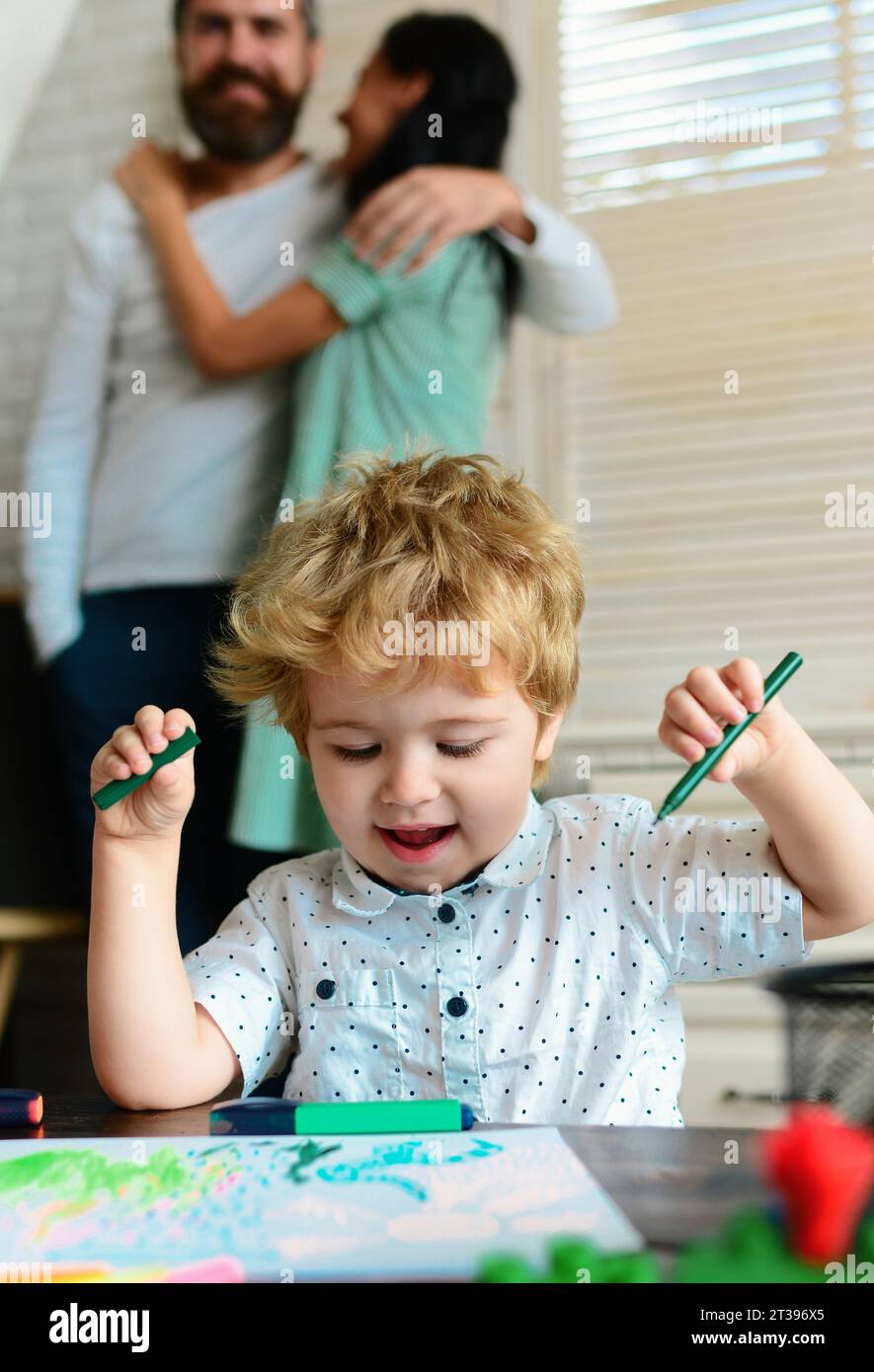 Kids art, creativity children concept. Happy family portrait drawing ...