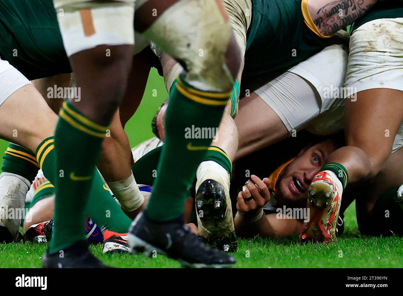 South Africa's Handre Pollard lies on the ground during the Rugby World ...