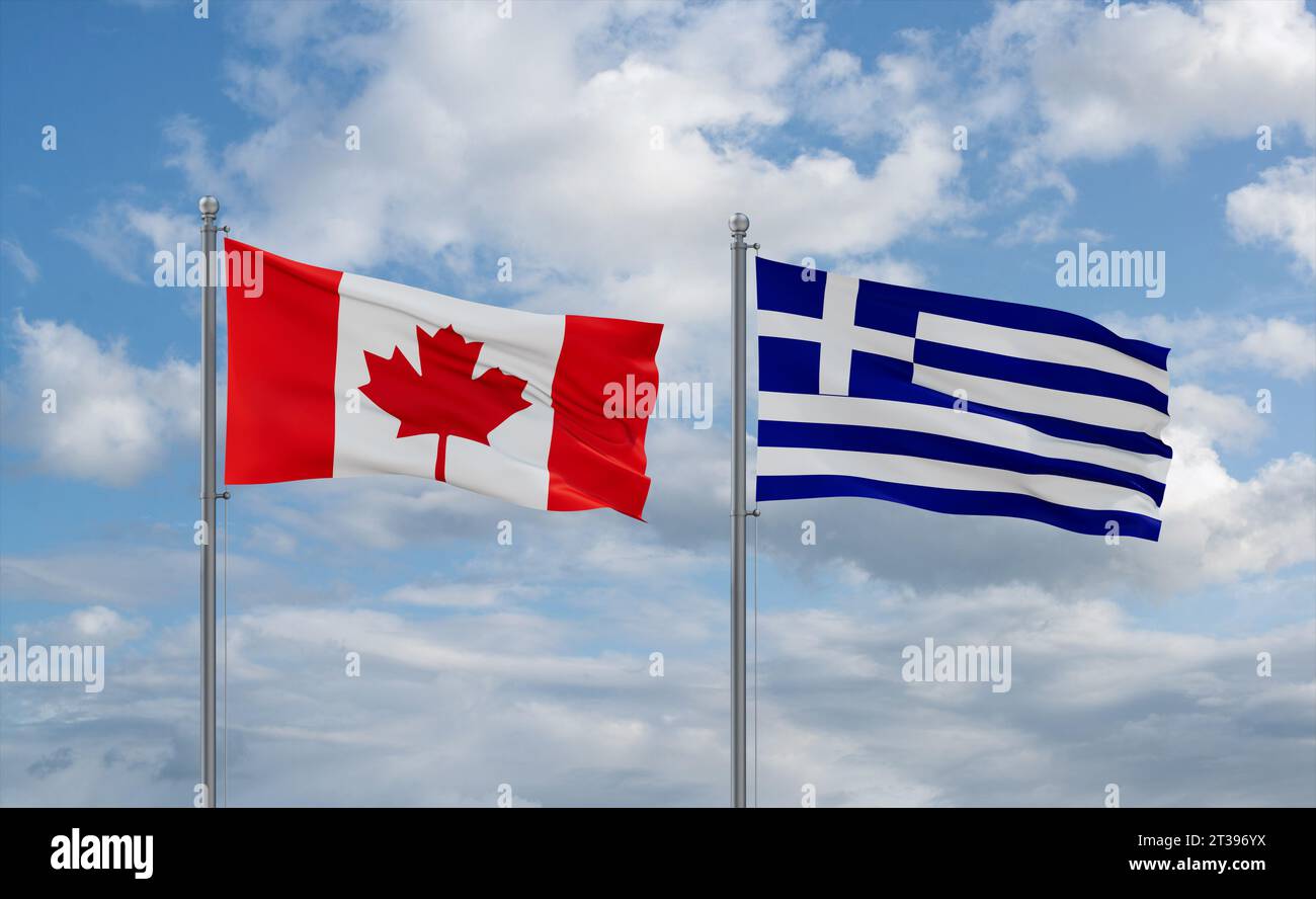 Greece and Canada flags waving together on blue cloudy sky, two country ...