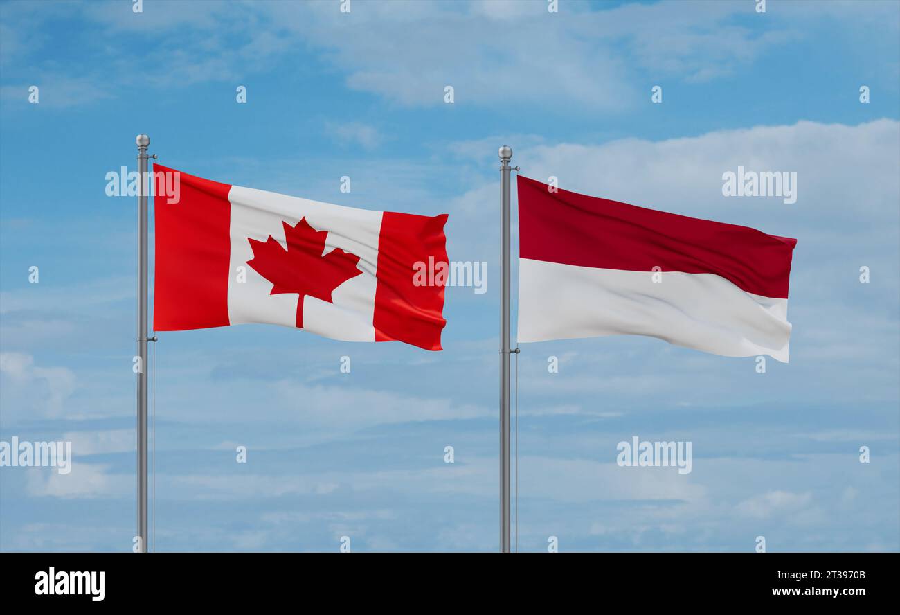 Indonesia and Canada flags waving together on blue cloudy sky, two ...