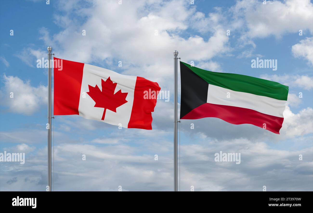 Kuwait and Canada flags waving together in the wind on blue cloudy sky ...