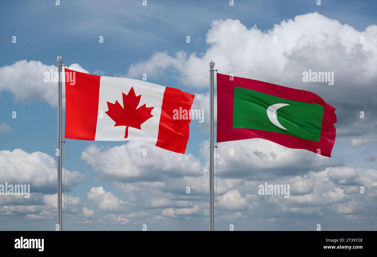 Maldives and Canada flags waving together on blue cloudy sky, two country relationship concept ...