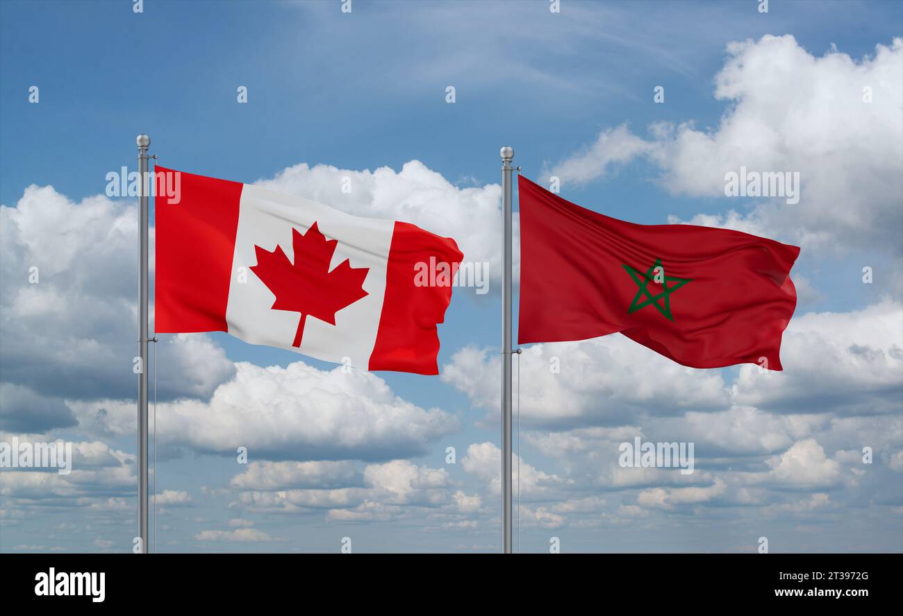Morocco and Canada flags waving together on blue cloudy sky, two ...