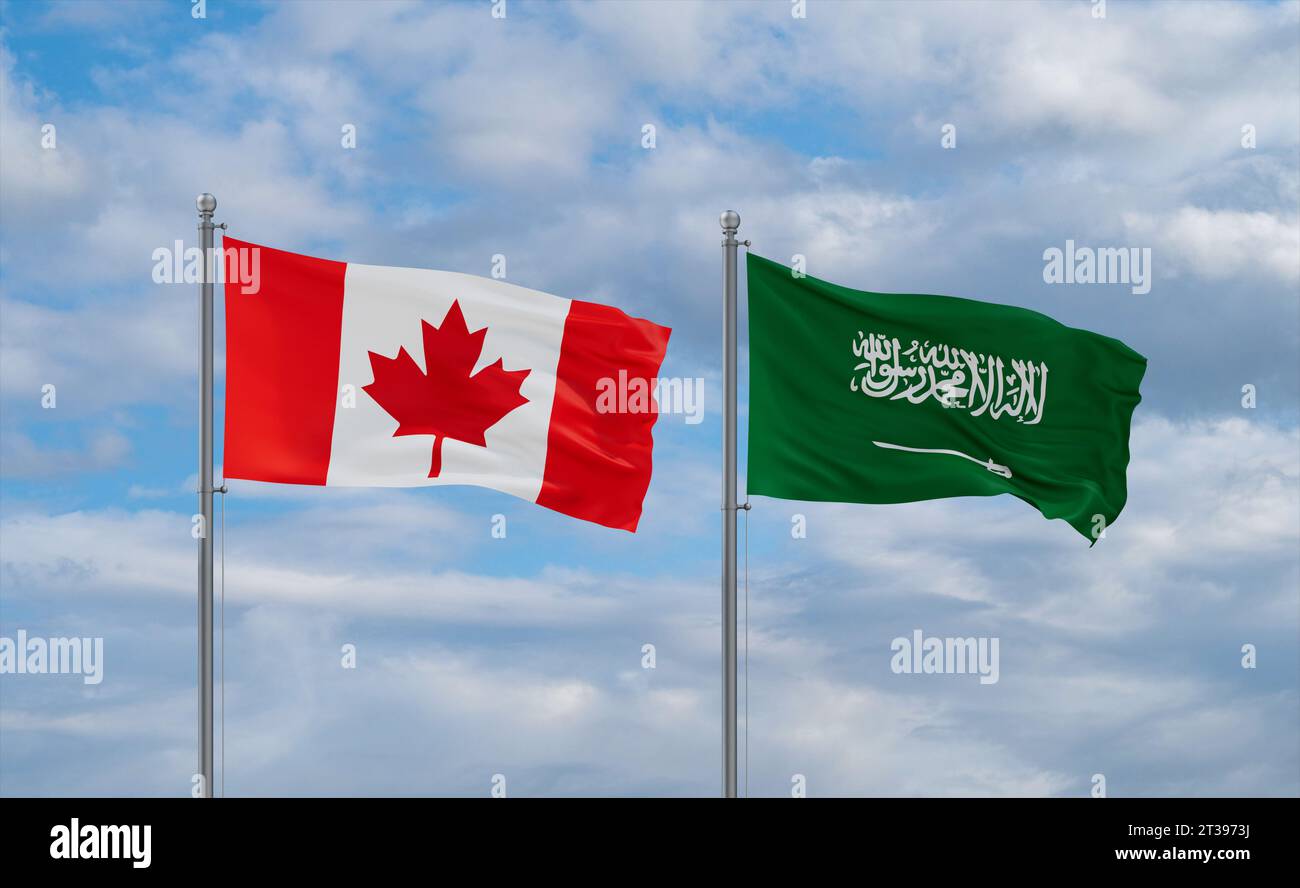 Canada and Saudi Arabia flags waving together in the wind on blue ...