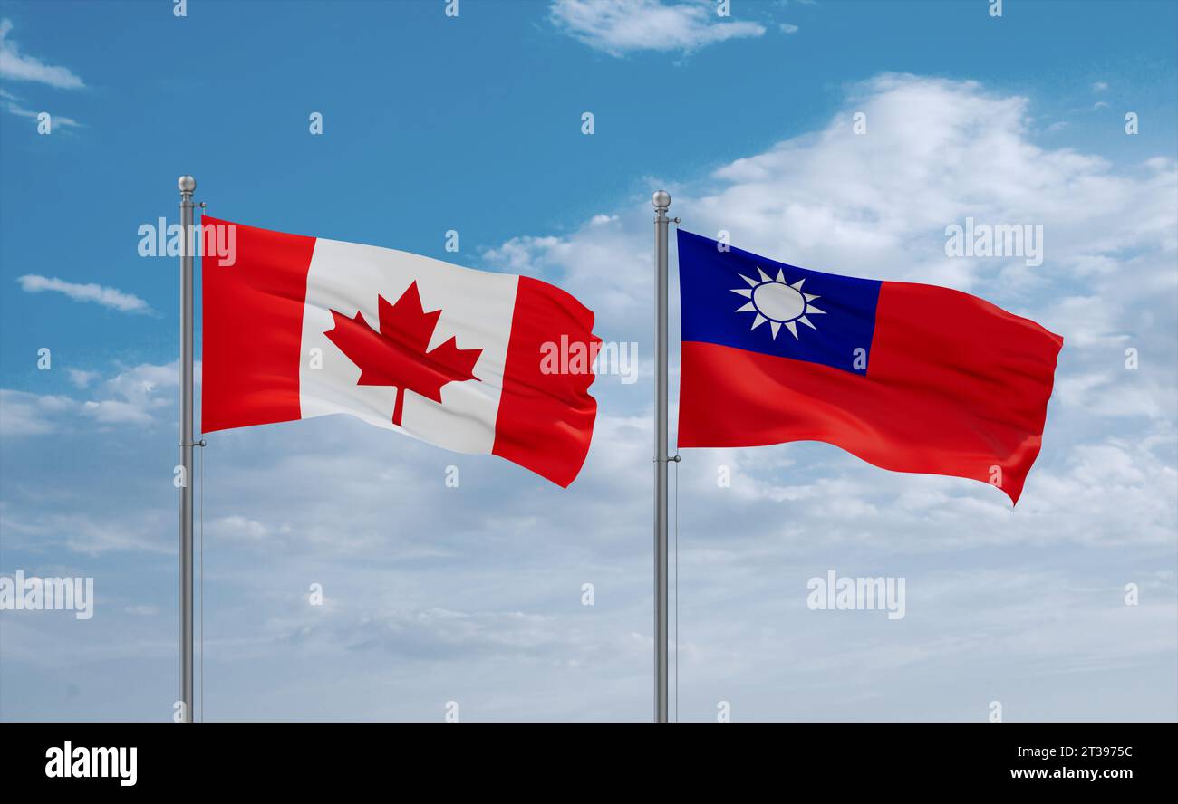 Taiwan and Canada flags waving together in the wind on blue cloudy sky ...