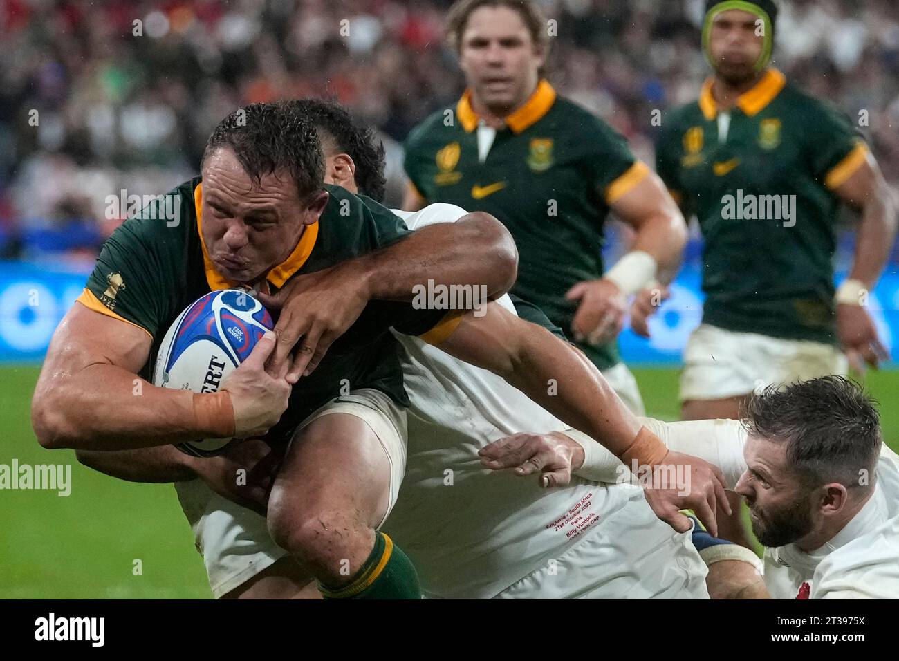 South Africa's Deon Fourie is tackled during the Rugby World Cup ...