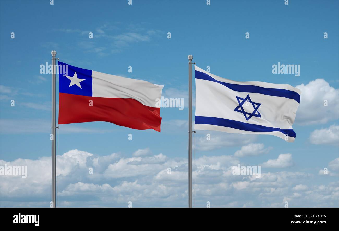 Israel and Chile flags waving together on blue cloudy sky, two country ...