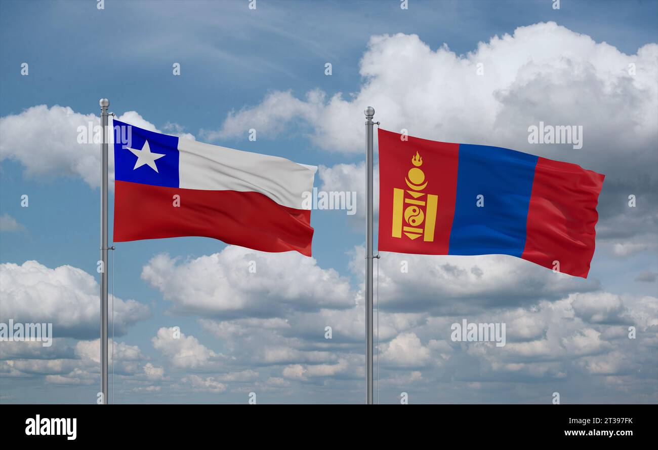Mongolia and Chile flags waving together in the wind on blue cloudy sky ...