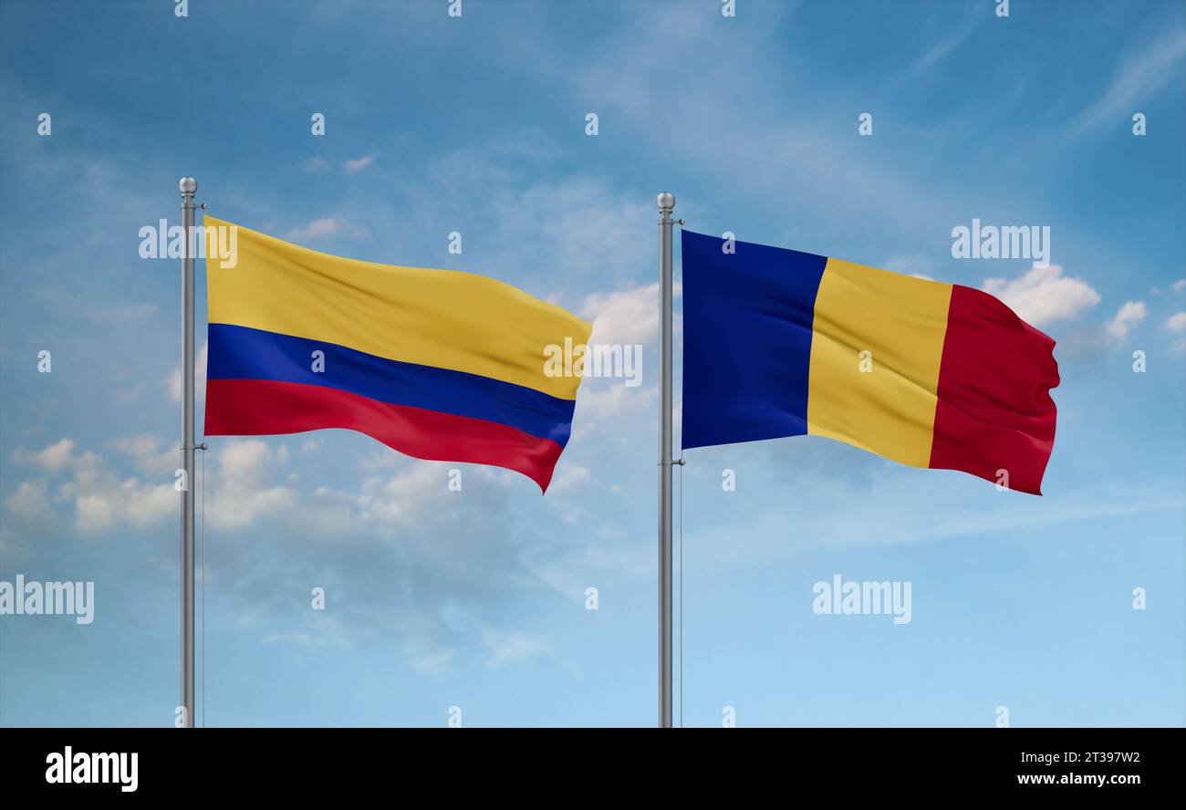 Republic of Chad and Colombia flags waving together in the wind on blue ...