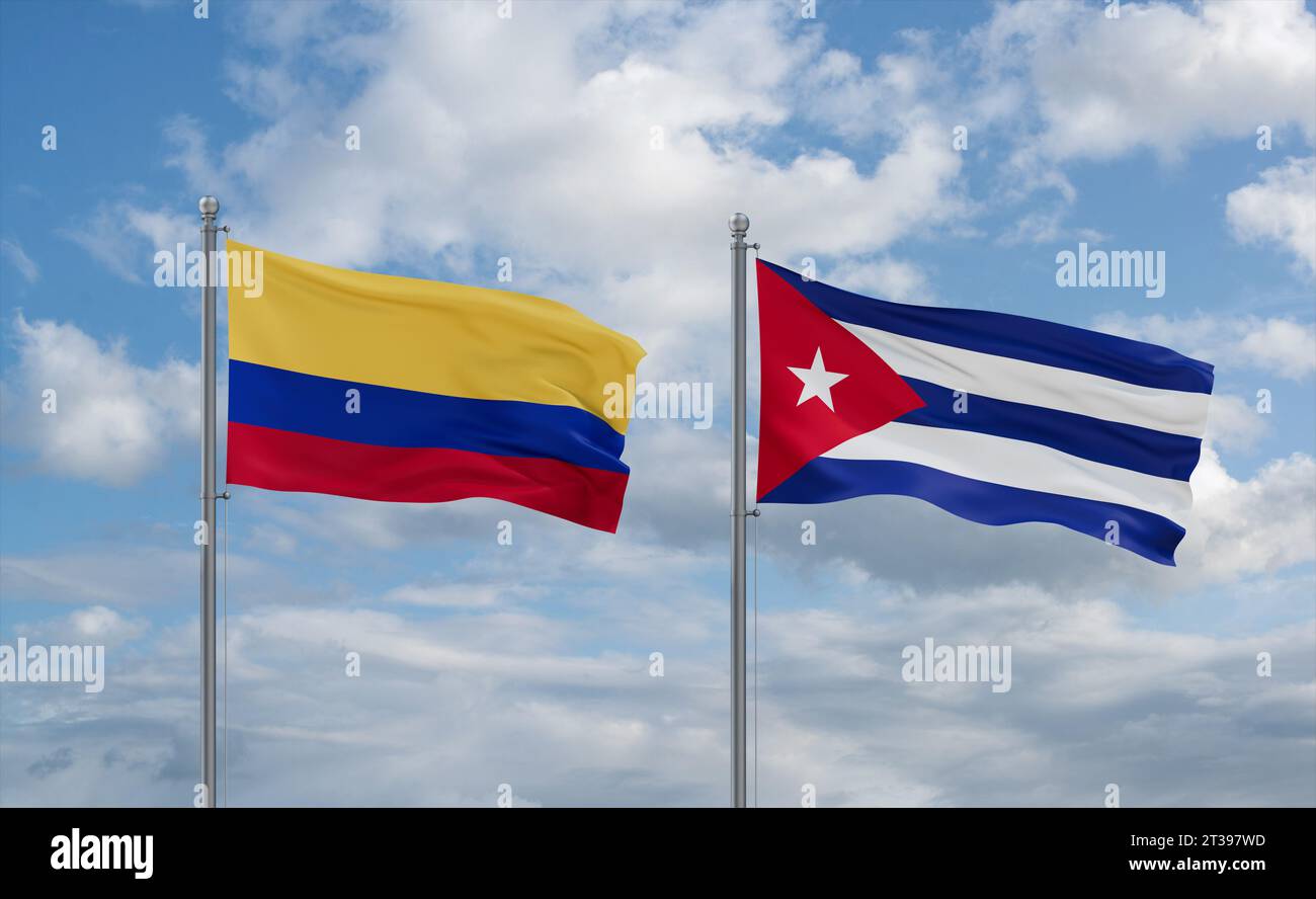 Cuba and Colombia flags waving together in the wind on blue cloudy sky ...