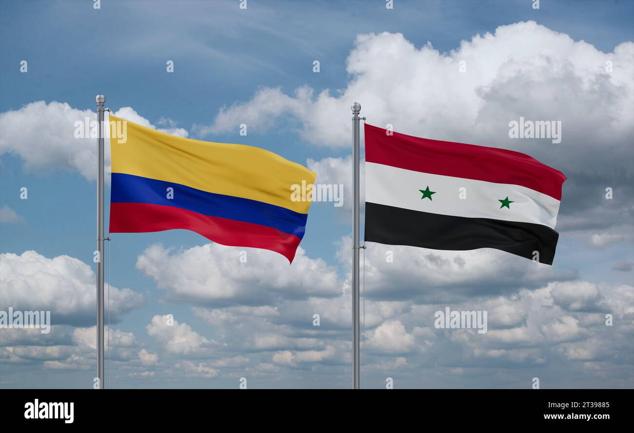 Syrian Arab Republic, Syria and Colombia flags waving together in the ...