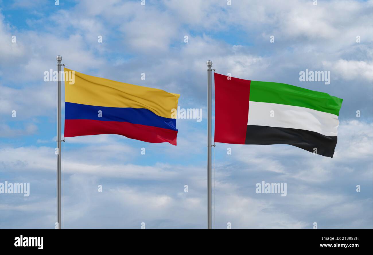 United Arab Emirates and Colombia flags waving together in the wind on ...