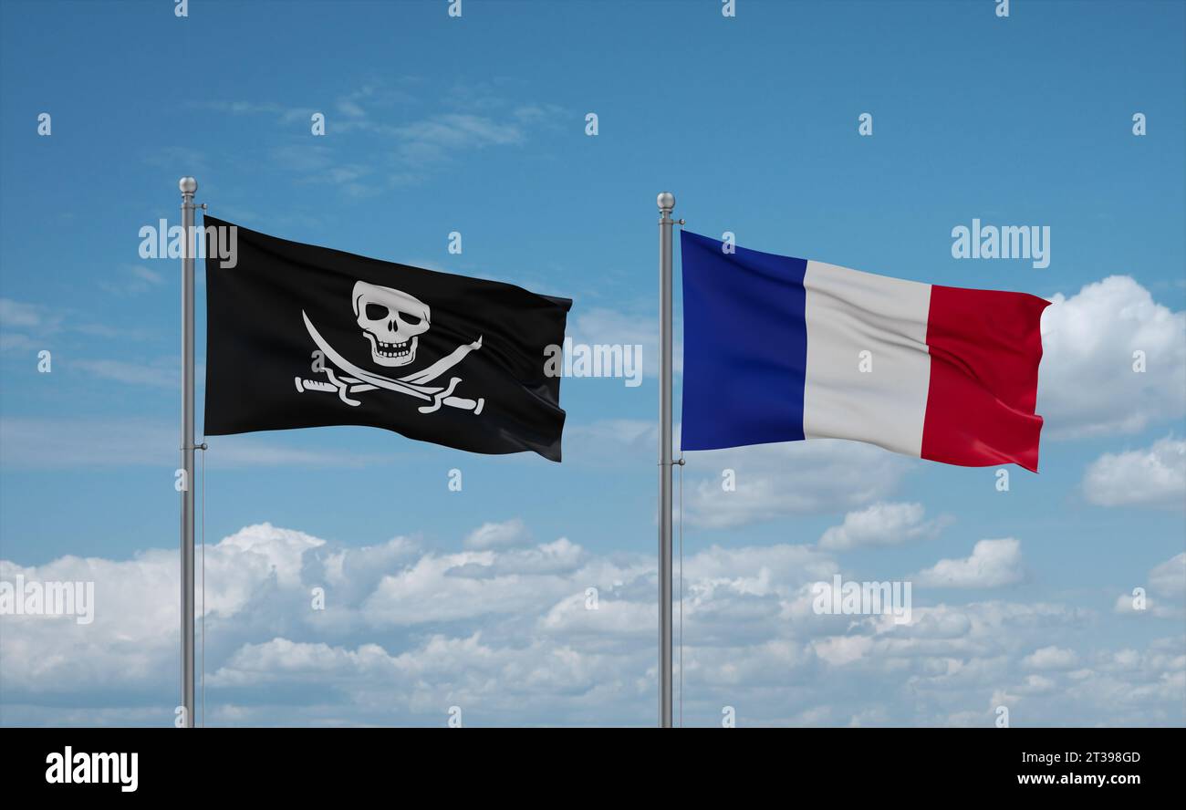 Corsair Pirate and France flags waving together on blue cloudy sky, two ...